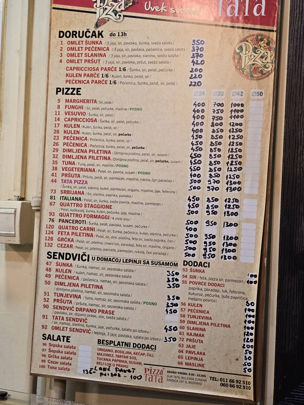 Menu at TATA pizza pizzeria, Belgrade