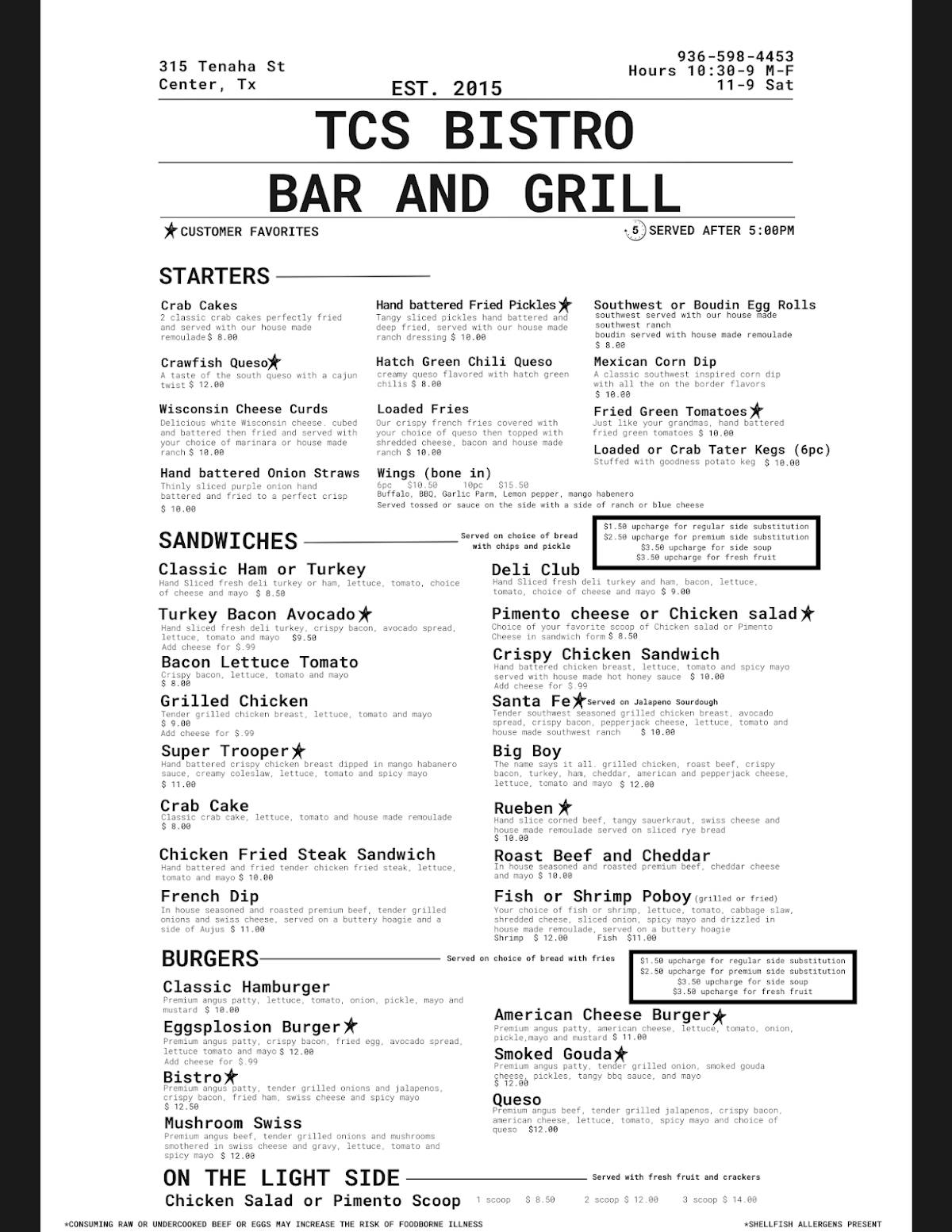 Menu at TCS Bistro (The Century Shoppe) pub & bar, Center