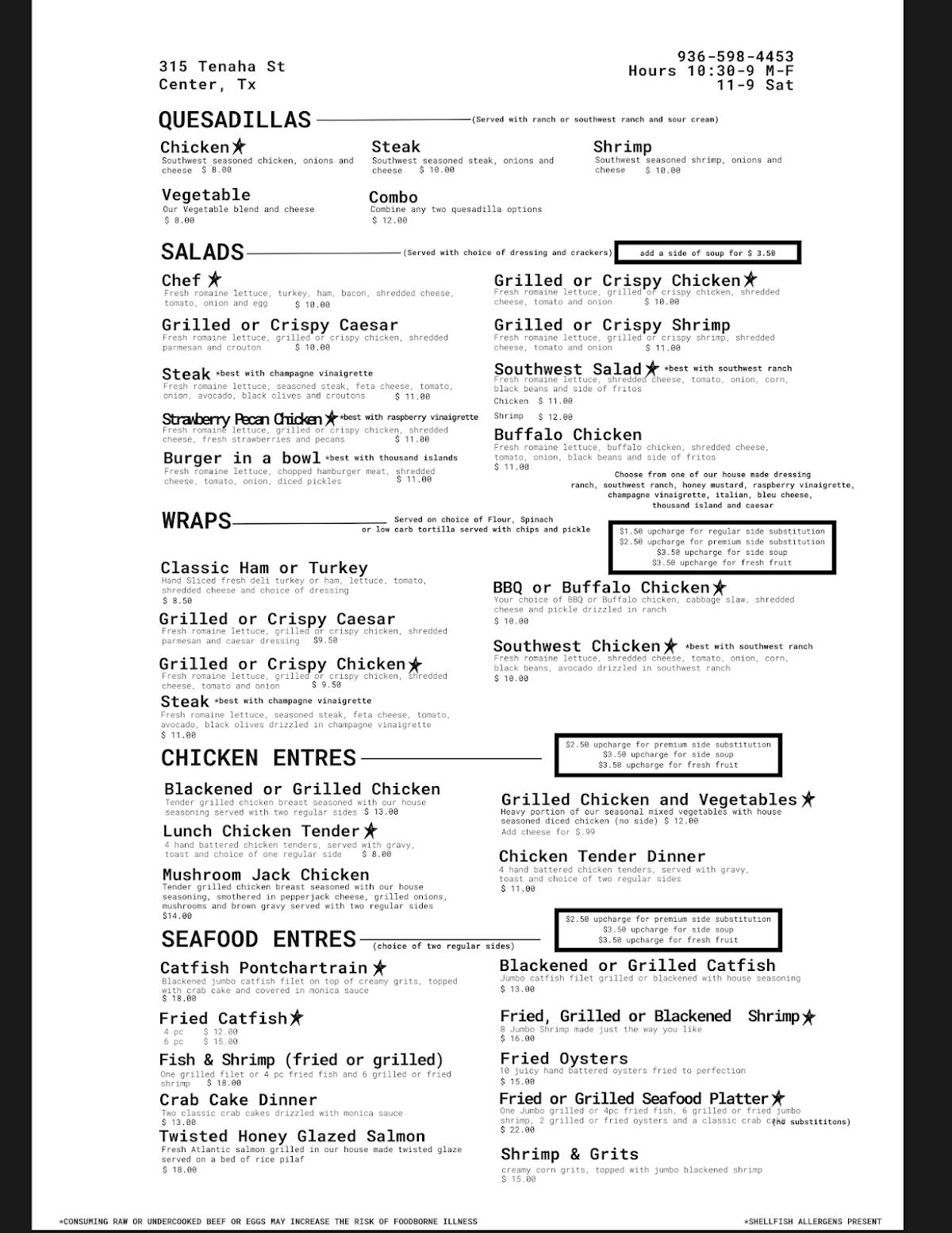 Menu at TCS Bistro (The Century Shoppe) pub & bar, Center