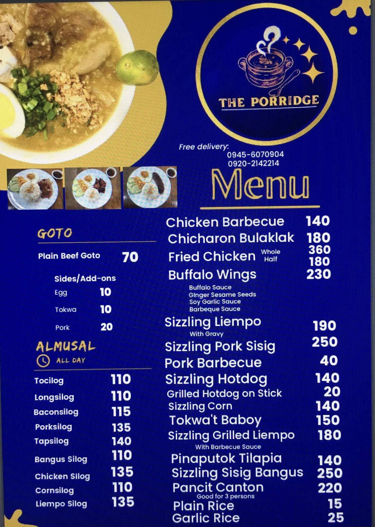 Menu at THE PORRIDGE restaurant, Bacolor