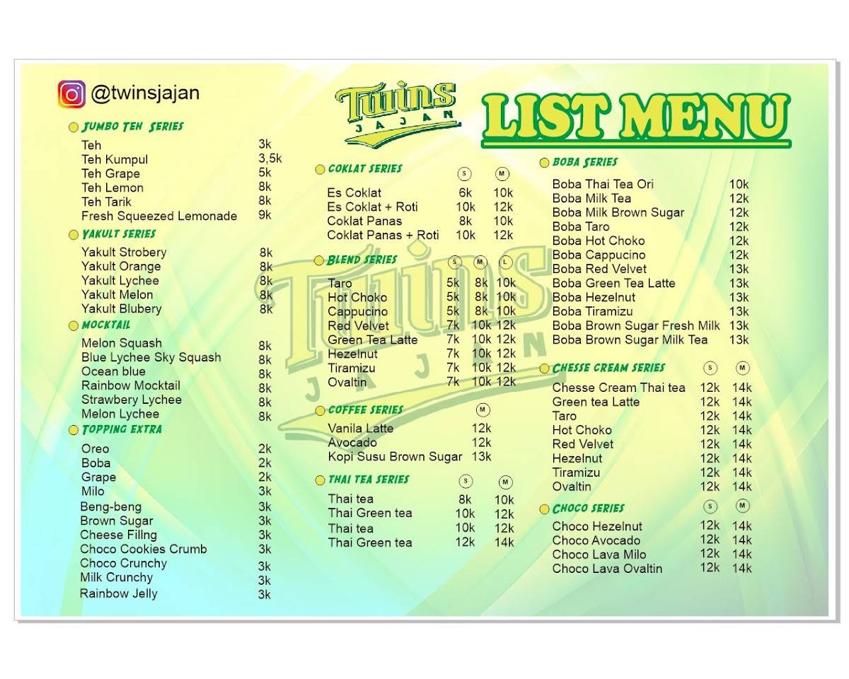 Menu at TWINS JAJAN cafe, Balecatur