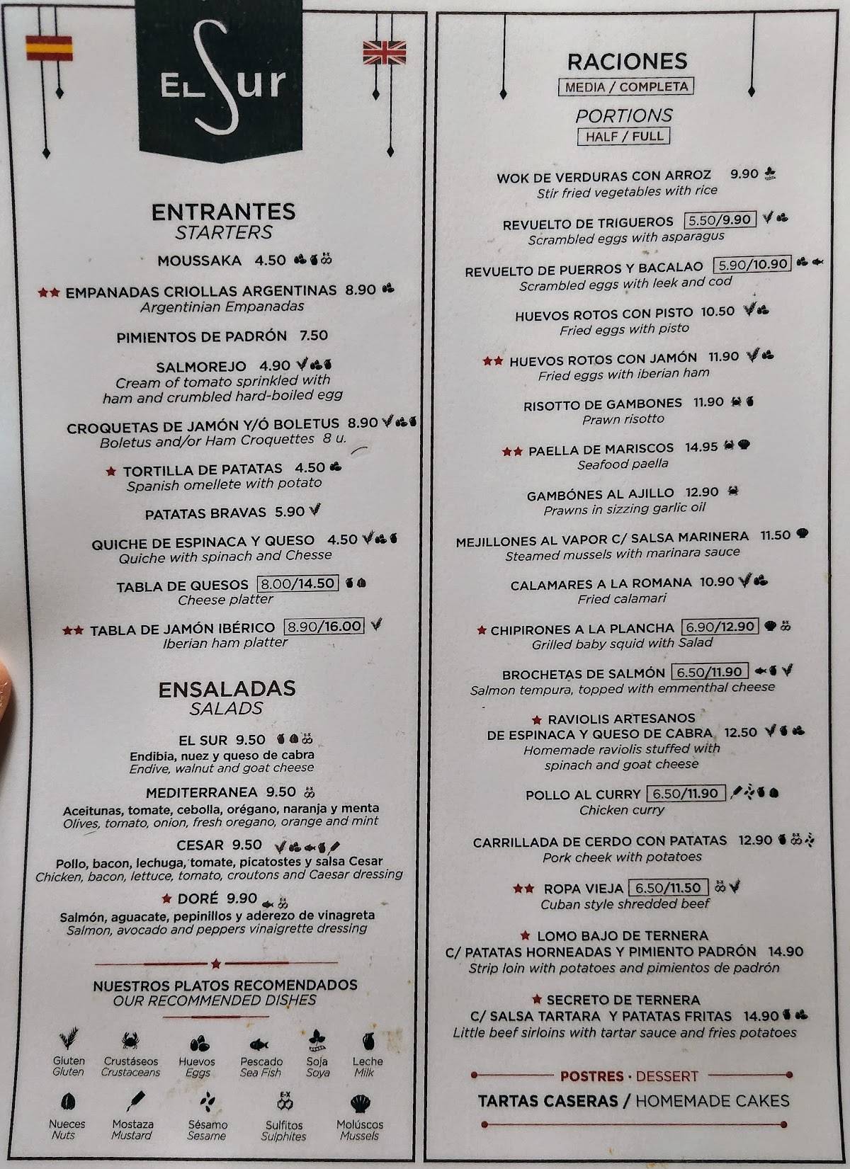 Menu at Taberna El Sur pub & bar, Madrid