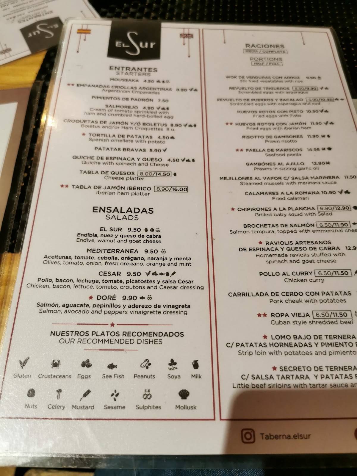 Menu at Taberna El Sur pub & bar, Madrid