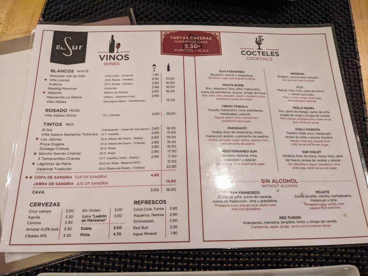 Menu at Taberna El Sur pub & bar, Madrid