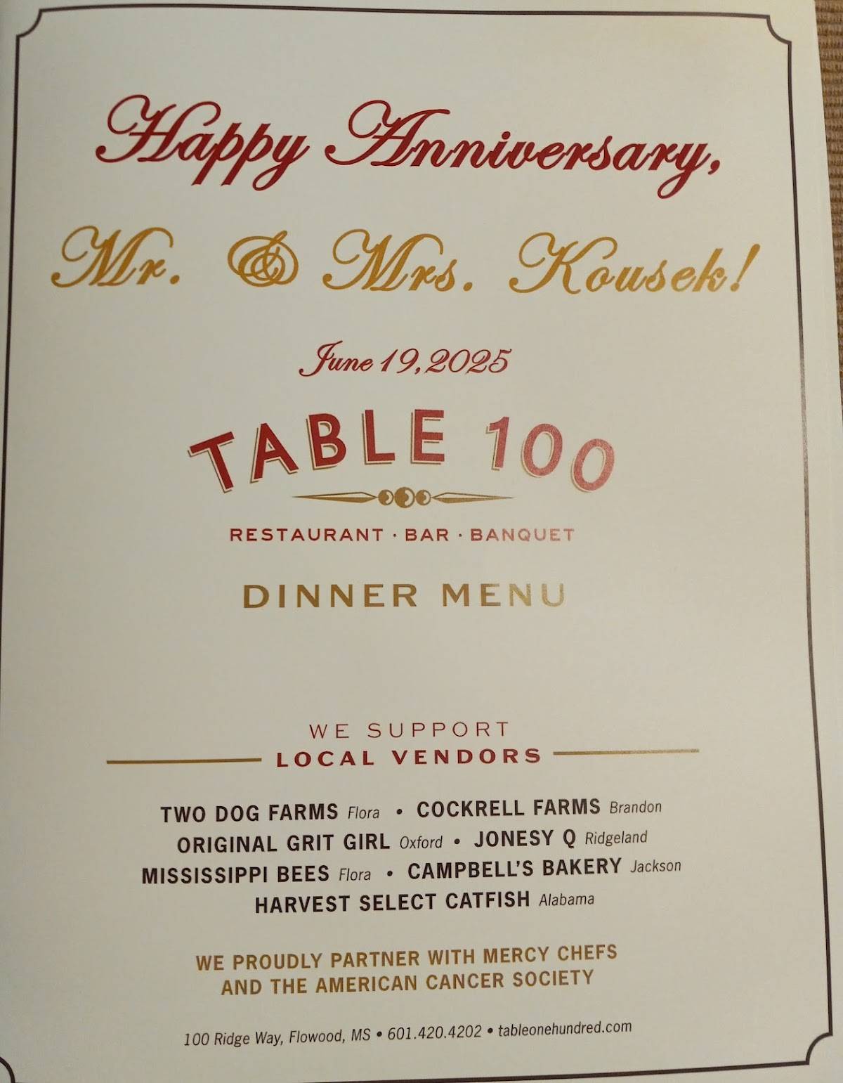 Menu at Table 100 restaurant, Flowood
