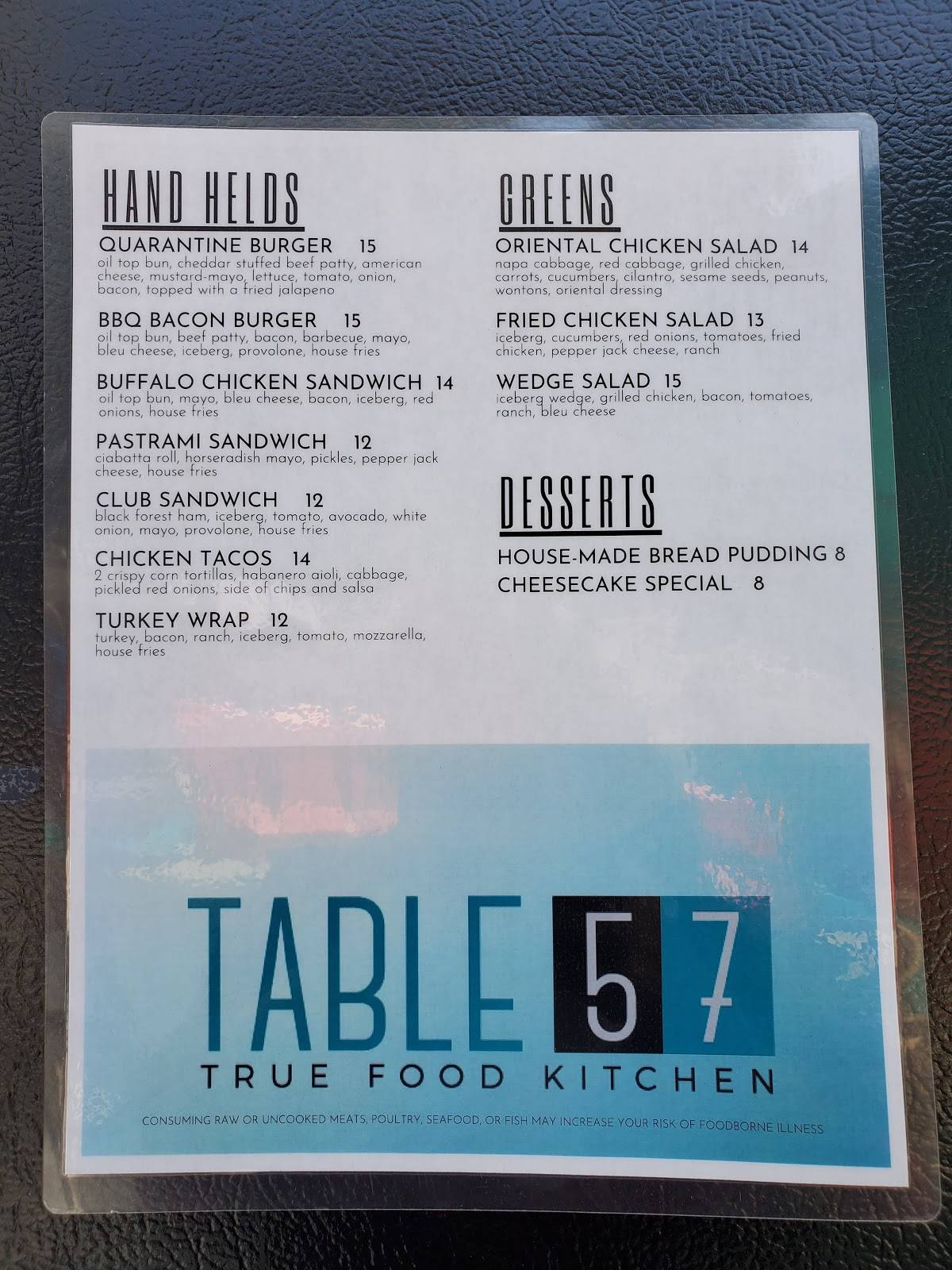Menu at Table 57 restaurant, Visalia