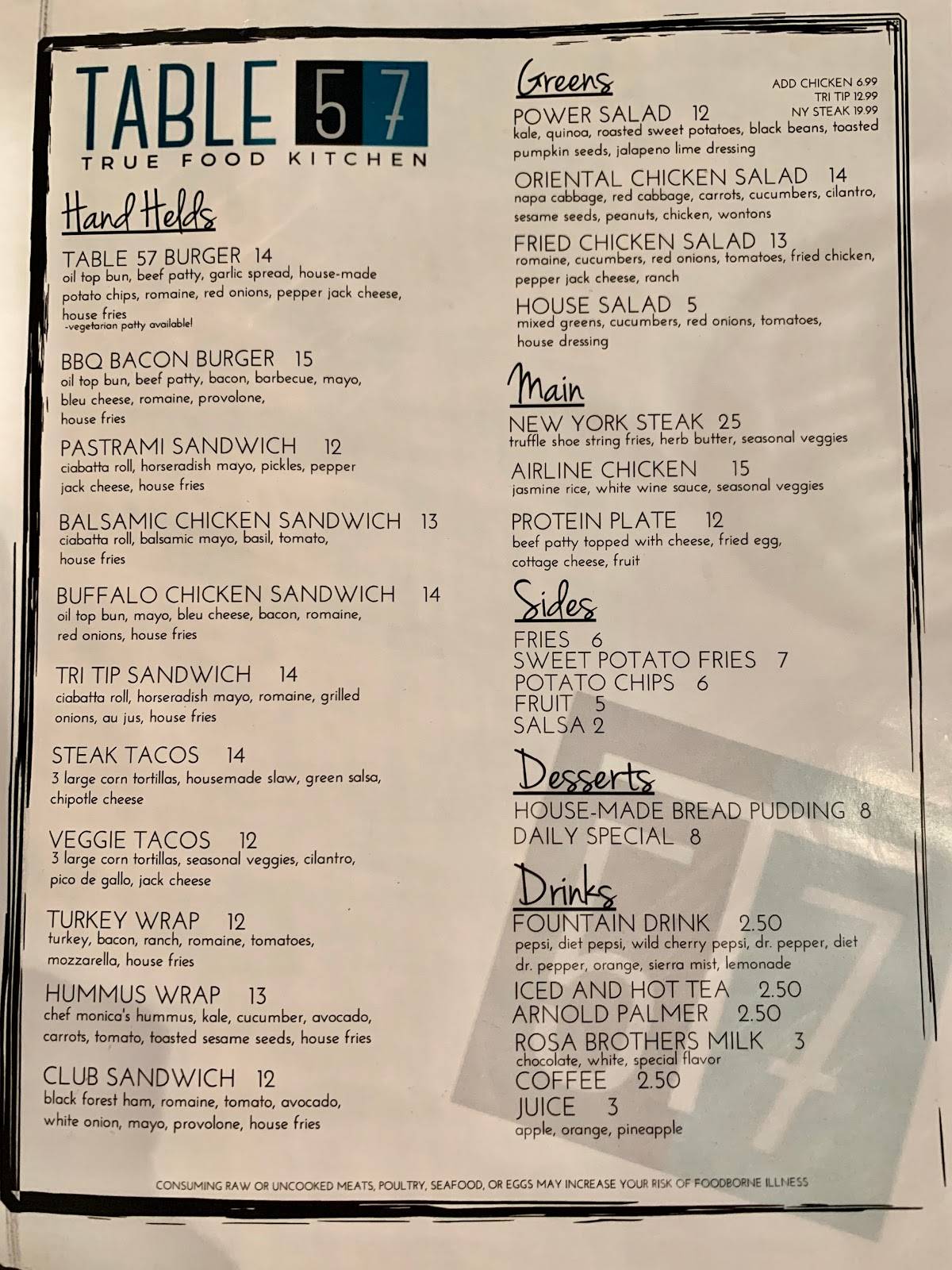 Menu at Table 57 restaurant, Visalia