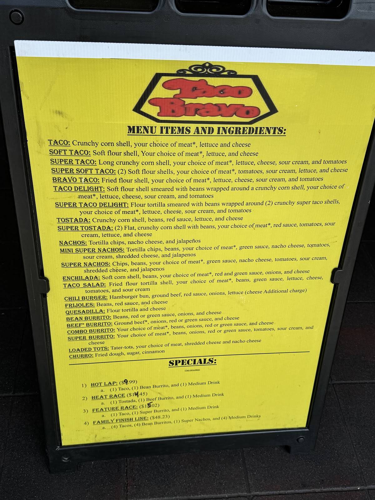 Menu at Taco Bravo fast food, Campbell, S Bascom Ave