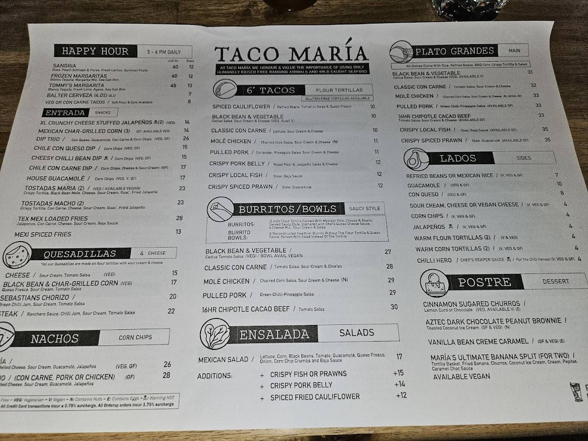 Menu at Taco Maria restaurant, Kalamunda