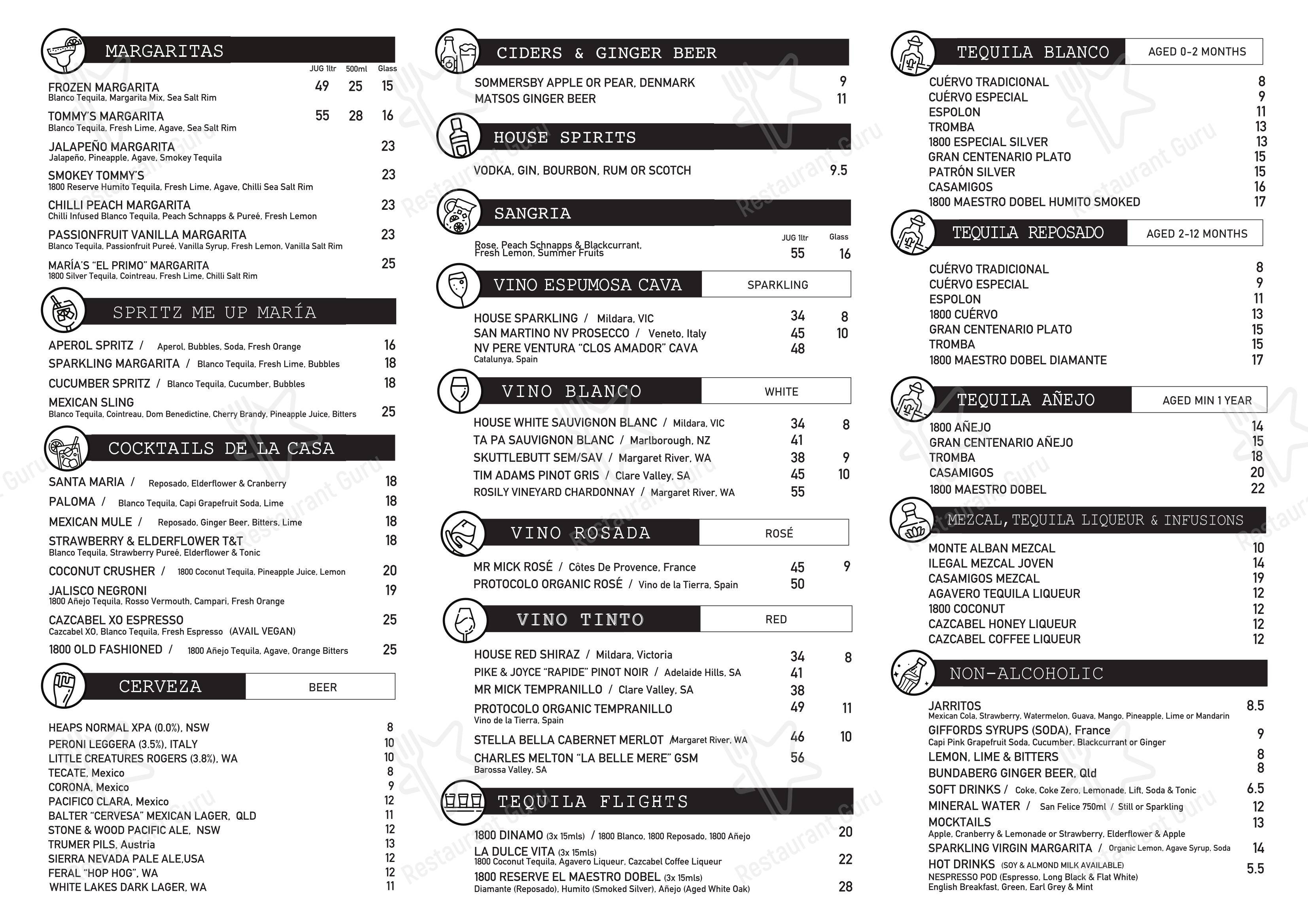 Carta del restaurante Taco Maria, Kalamunda