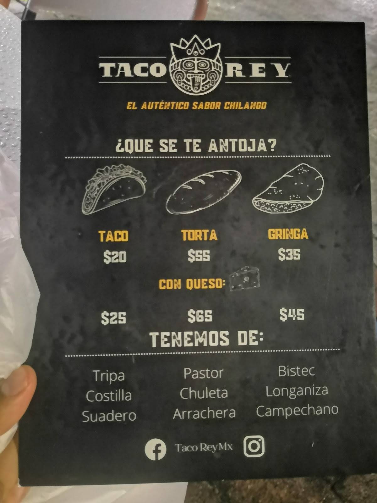 Menu at Taco Rey Suc. Playa del Carmen restaurant, Playa del Carmen