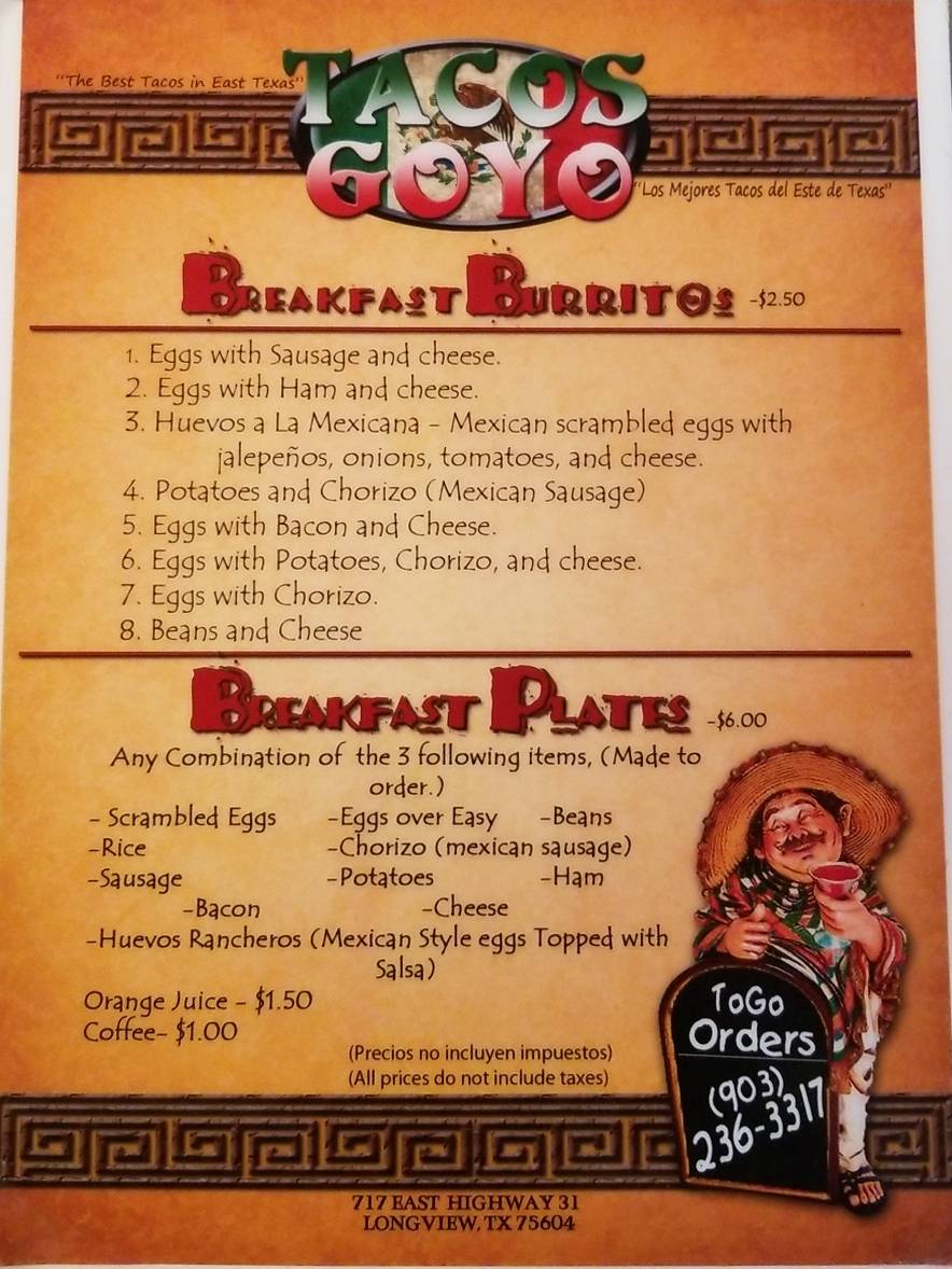 Menu at Tacos Goyo restaurant, Longview, 717 TX-31