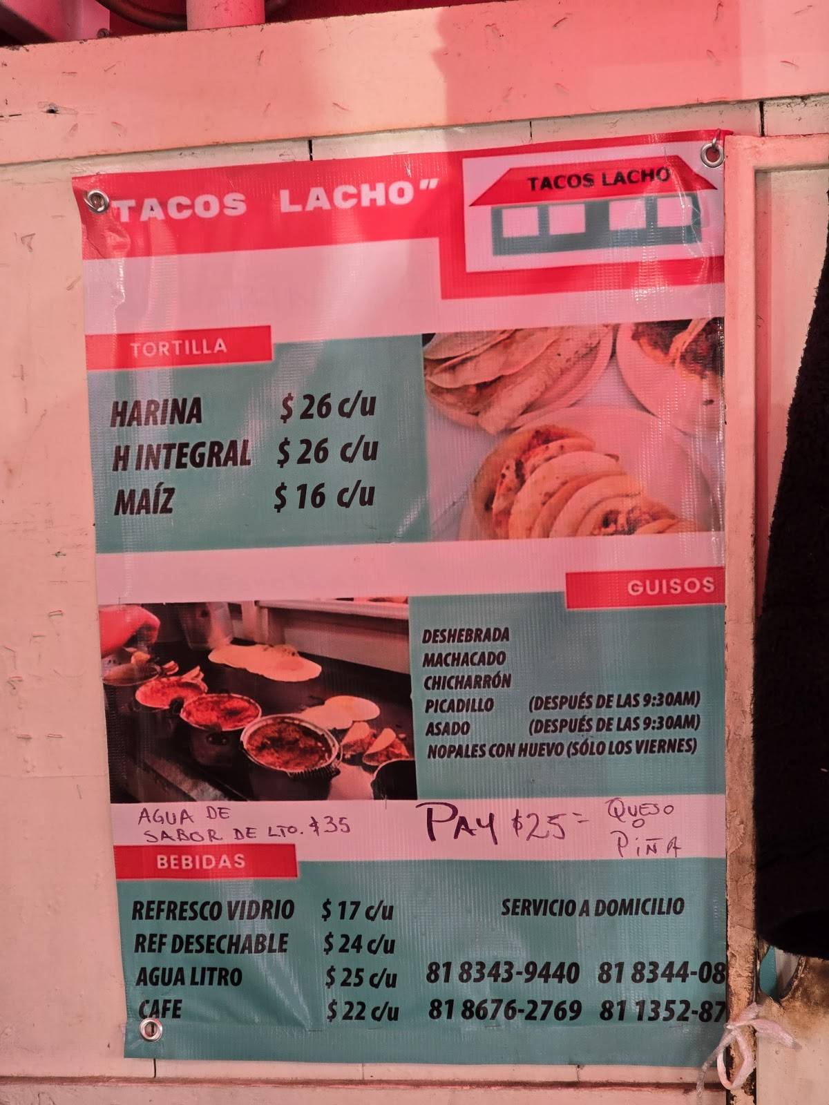 Carta del restaurante Tacos Lacho a Domicilio, Monterrey