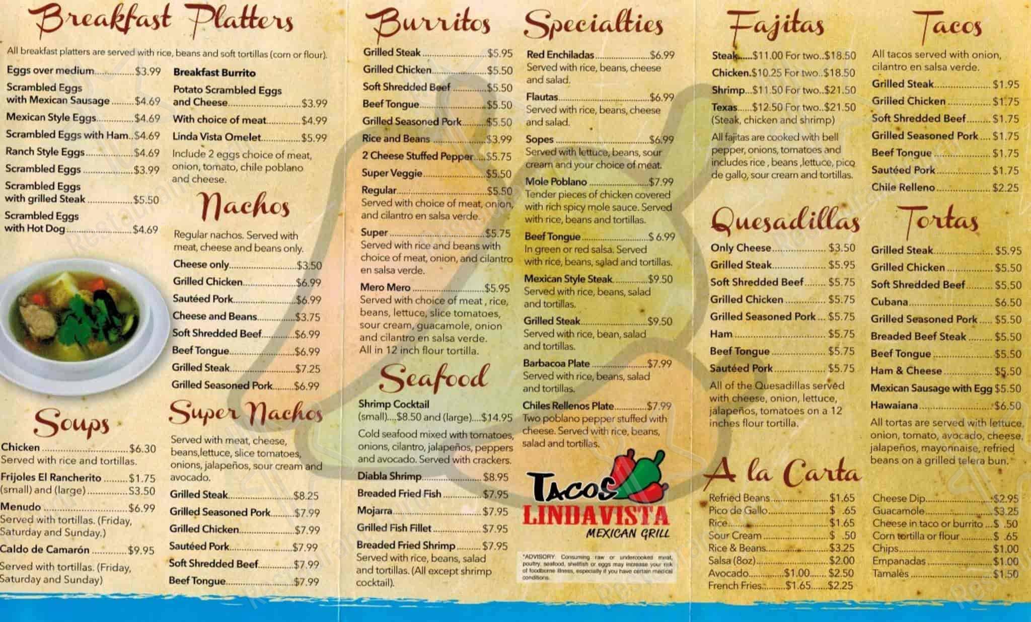 Menu at Tacos Linda Vista restaurant, Roswell, Alpharetta Hwy