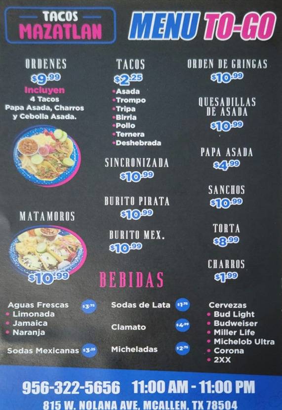 Menu at Tacos MAZATLAN restaurant, McAllen