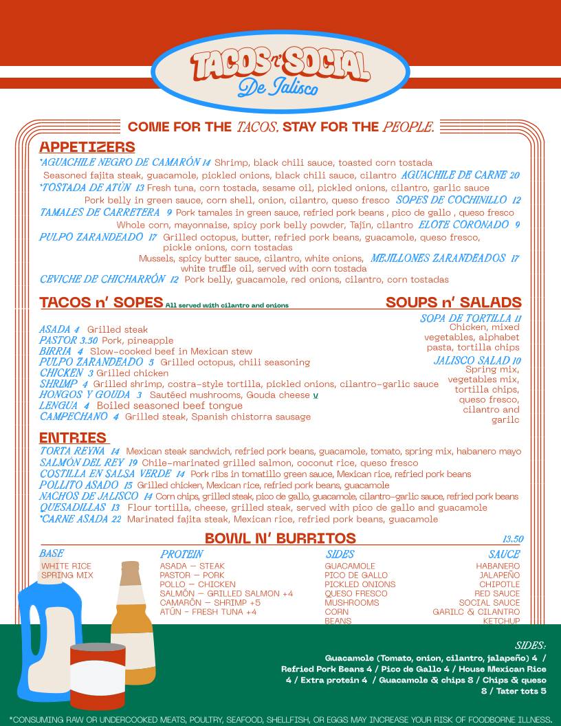 Menu at Tacos N Social De Jalisco restaurant, Winder
