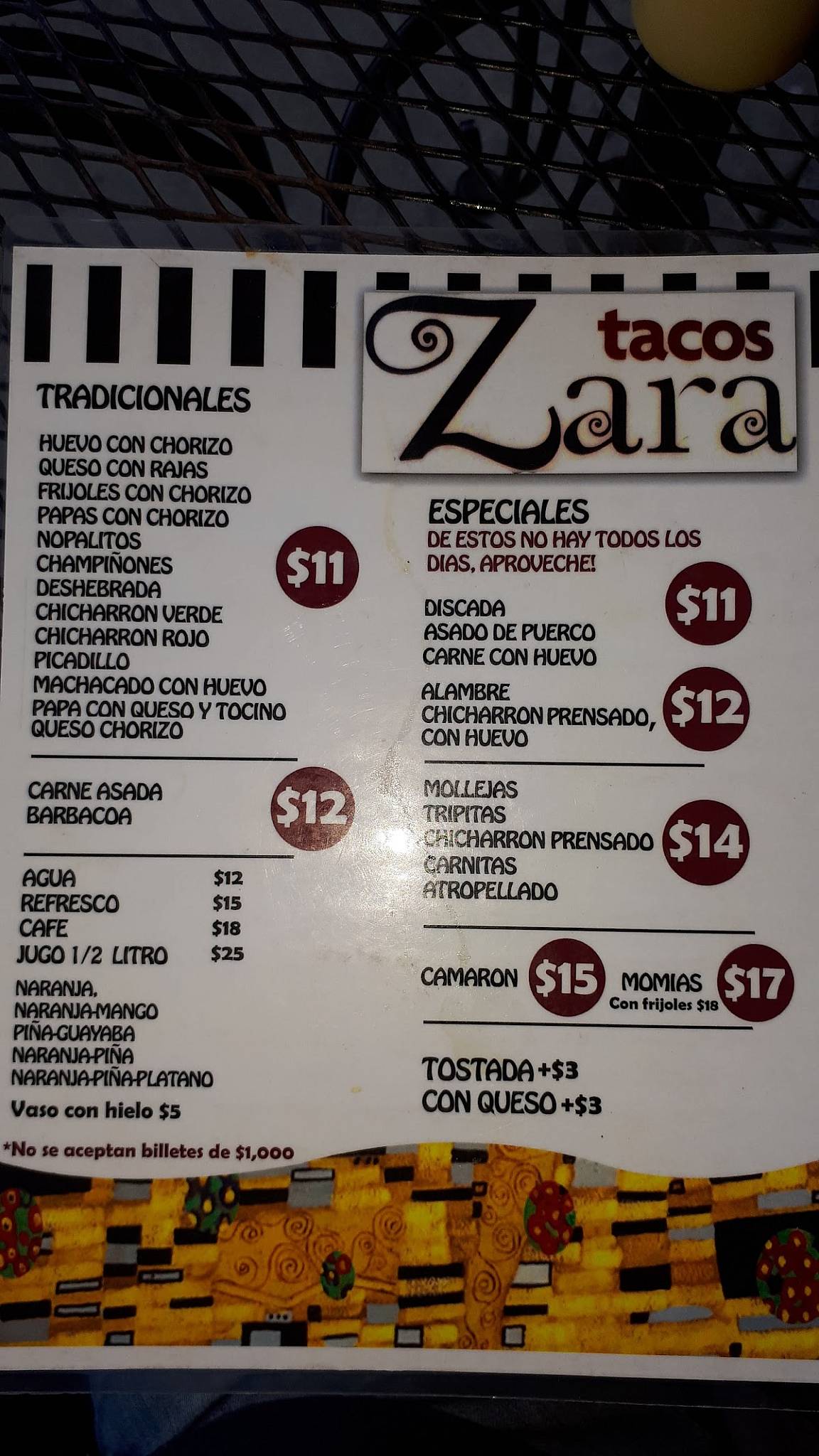 Carta del restaurante Tacos Zara Chepevera, Monterrey, José Calderón 205