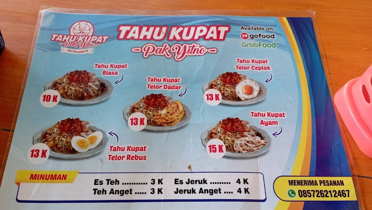 Menu at Tahu Kupat Pak Yitno restaurant, Purwokerto