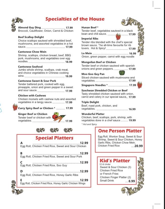 Menu at Tai Sun Restaurant, Grand Falls-Windsor