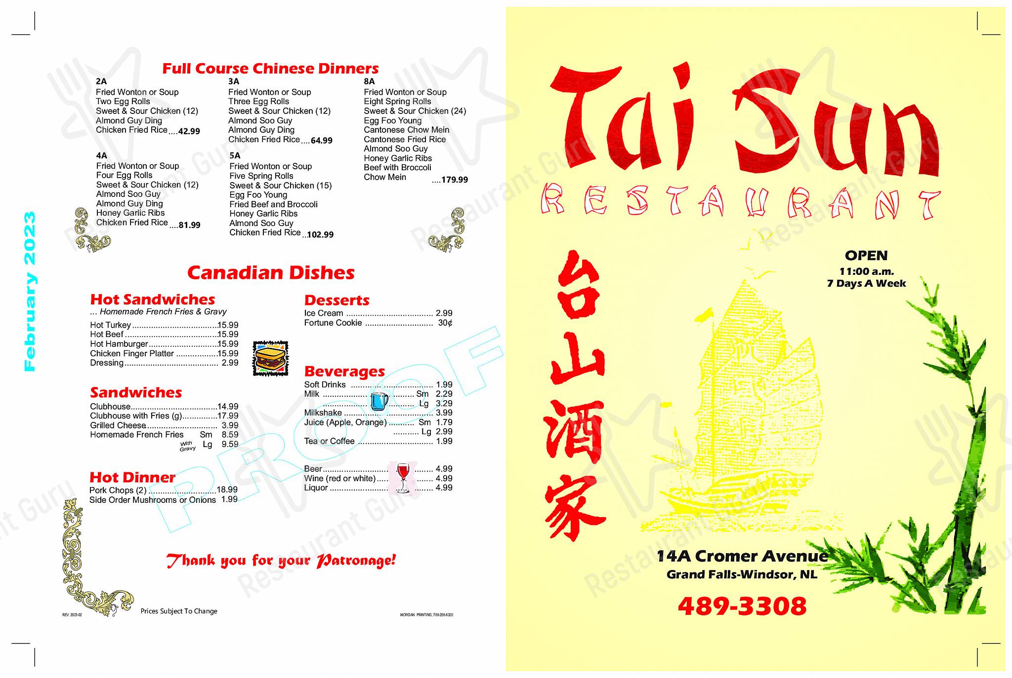 Menu at Tai Sun Restaurant, Grand Falls-Windsor