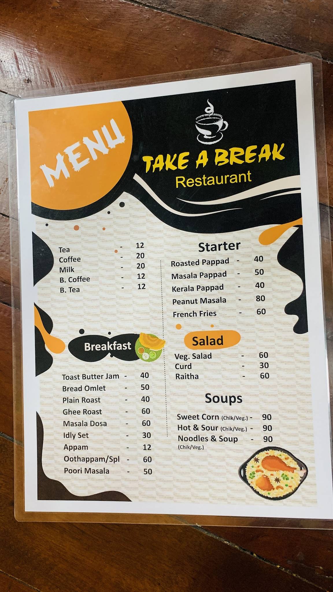 Menu at Take a break restaurant, Munnar