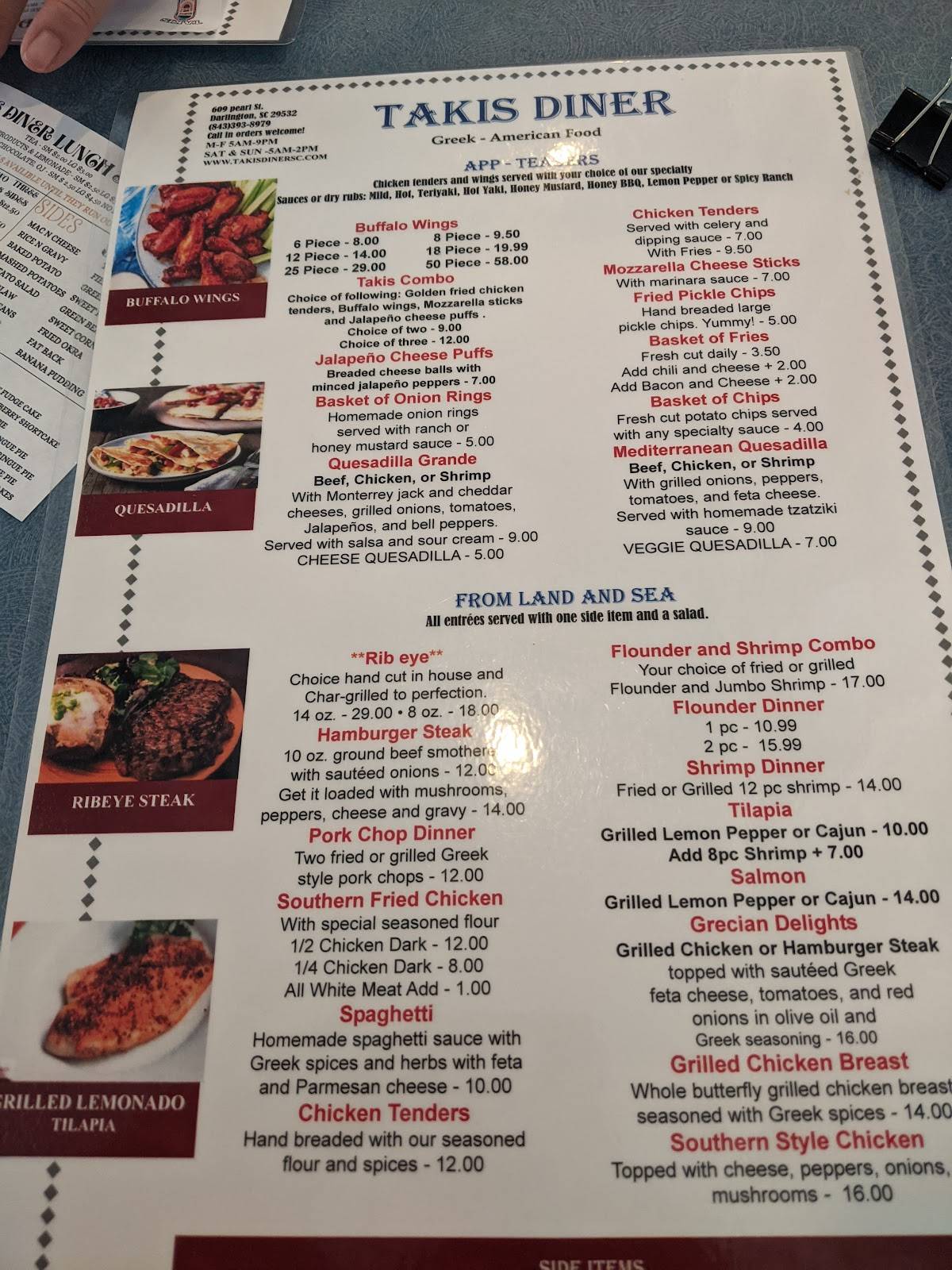 Menu at Takis Diner restaurant, Darlington