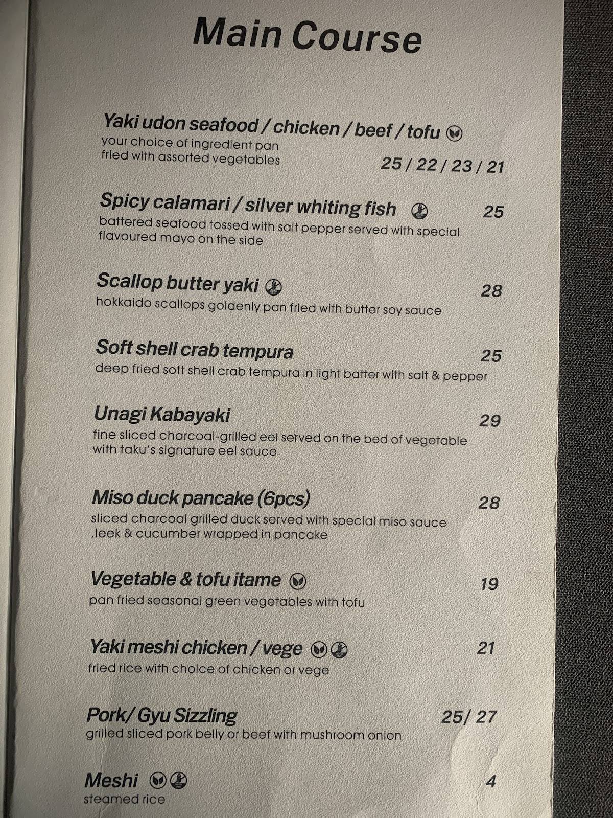 Menu at Taku restaurant, Elsternwick