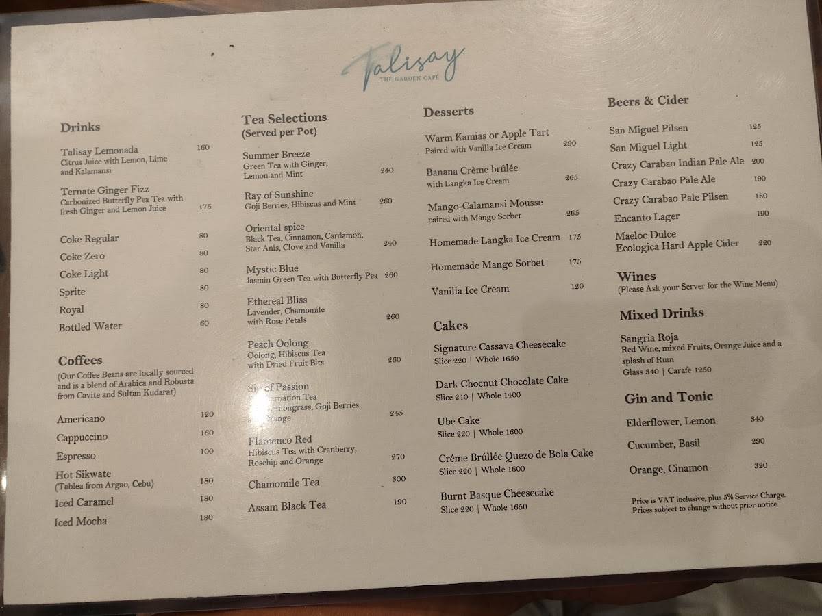 Menu at Talisay The Garden Cafe, Quezon City