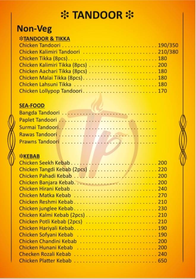 Menu at Tandoor Palace, Mumbai