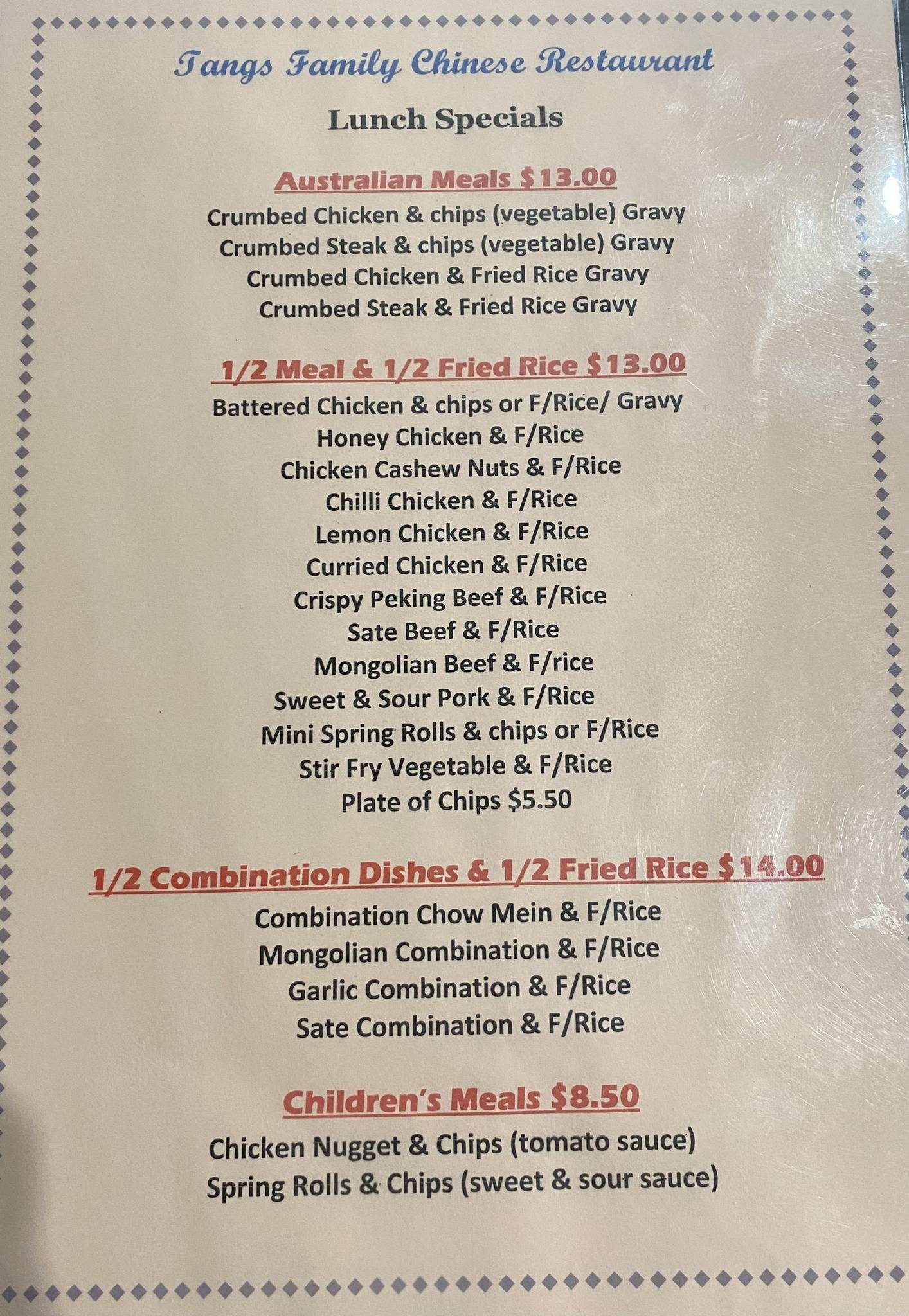 Menu at Tangs Family Chinese Restaurant, Leeton