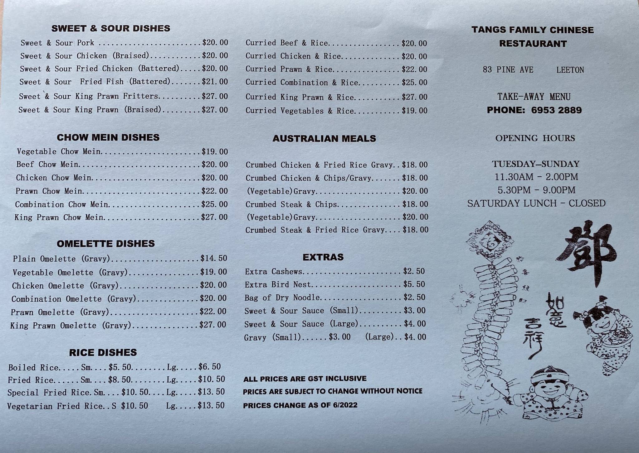 Menu at Tangs Family Chinese Restaurant, Leeton
