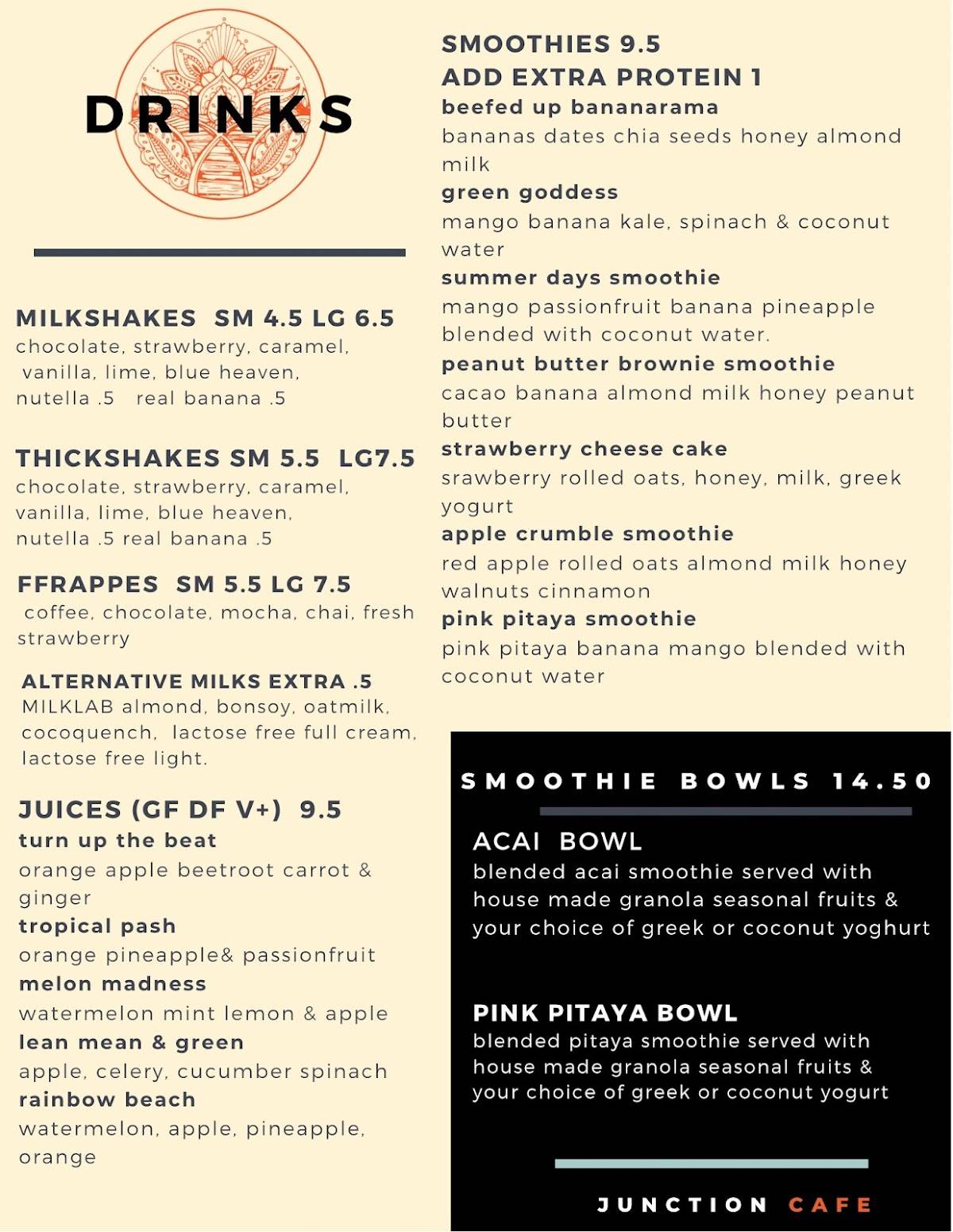 Menu at Junction cafe, Tannum Sands