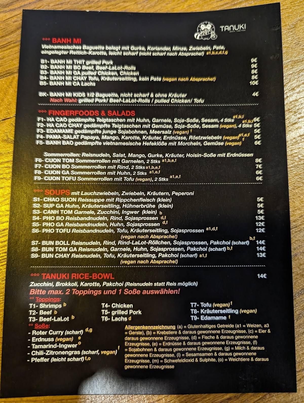Menu at Tanuki restaurant, Munich