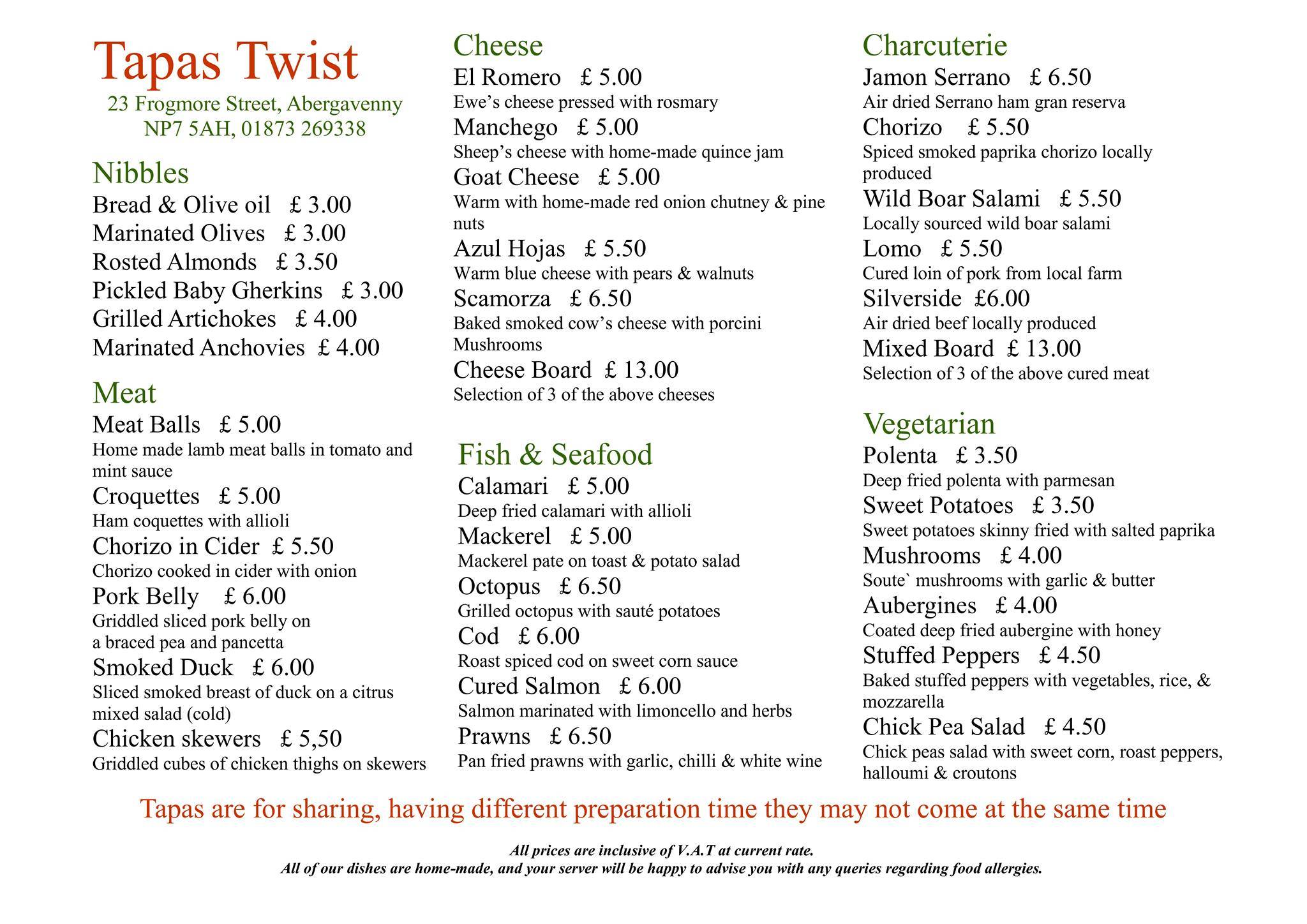 Menu at Tapas Twist restaurant, Abergavenny