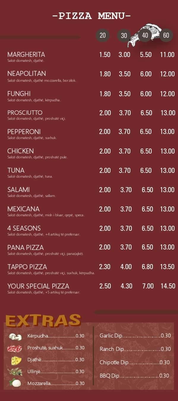 Menu at Tappo Pizza restaurant, Kosovo