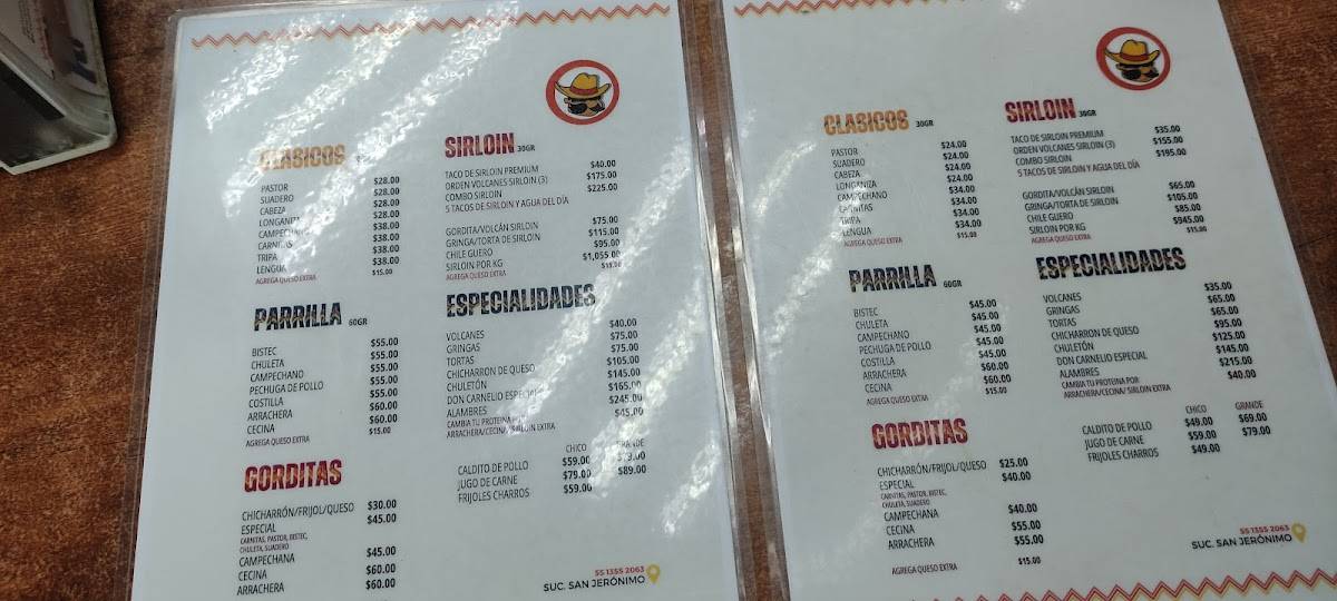 Carta del restaurante Taquería Don Carnelio San Jerónimo, Ciudad del México
