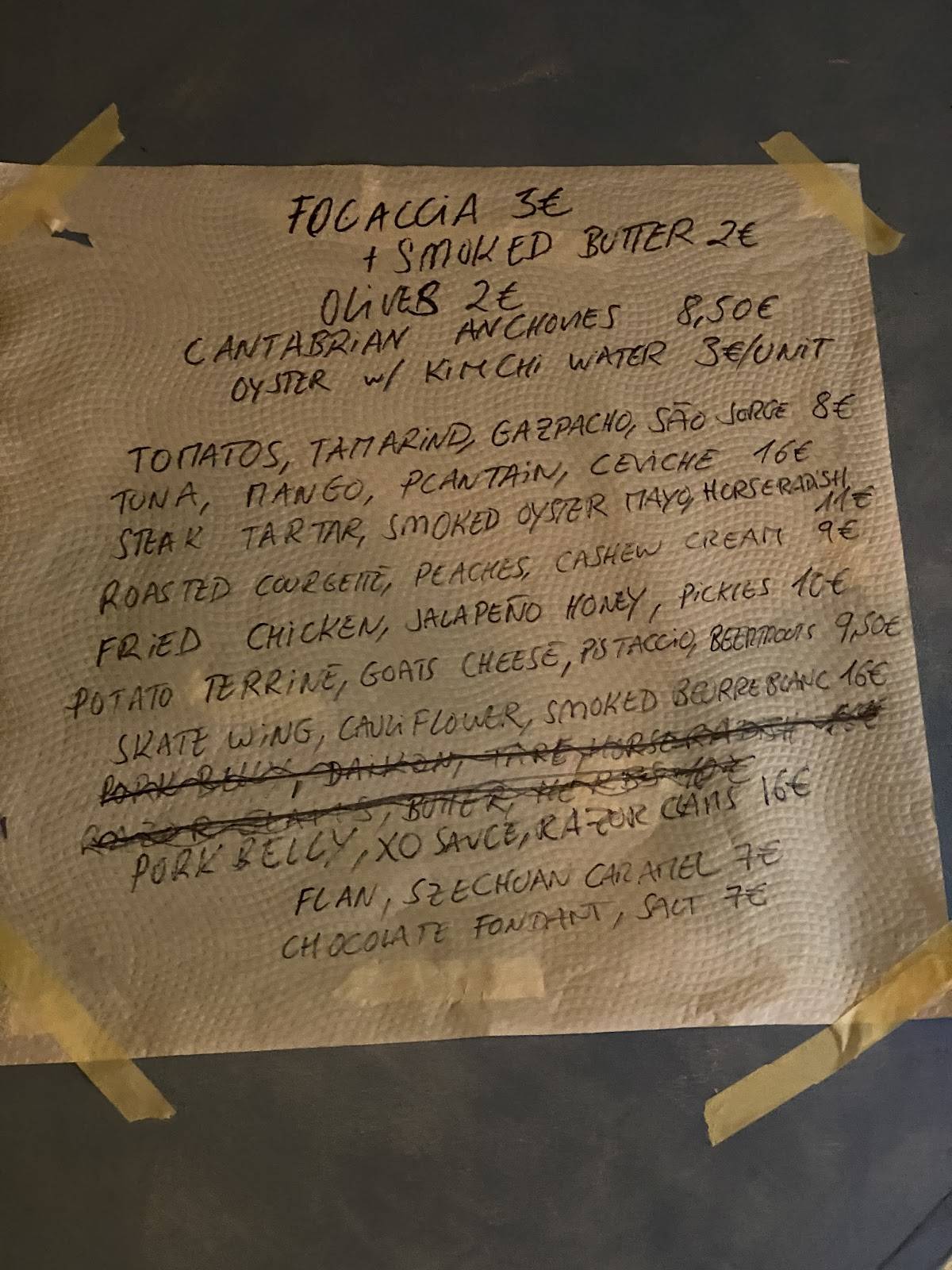 Menu at Tasca Pete restaurant, Lisbon