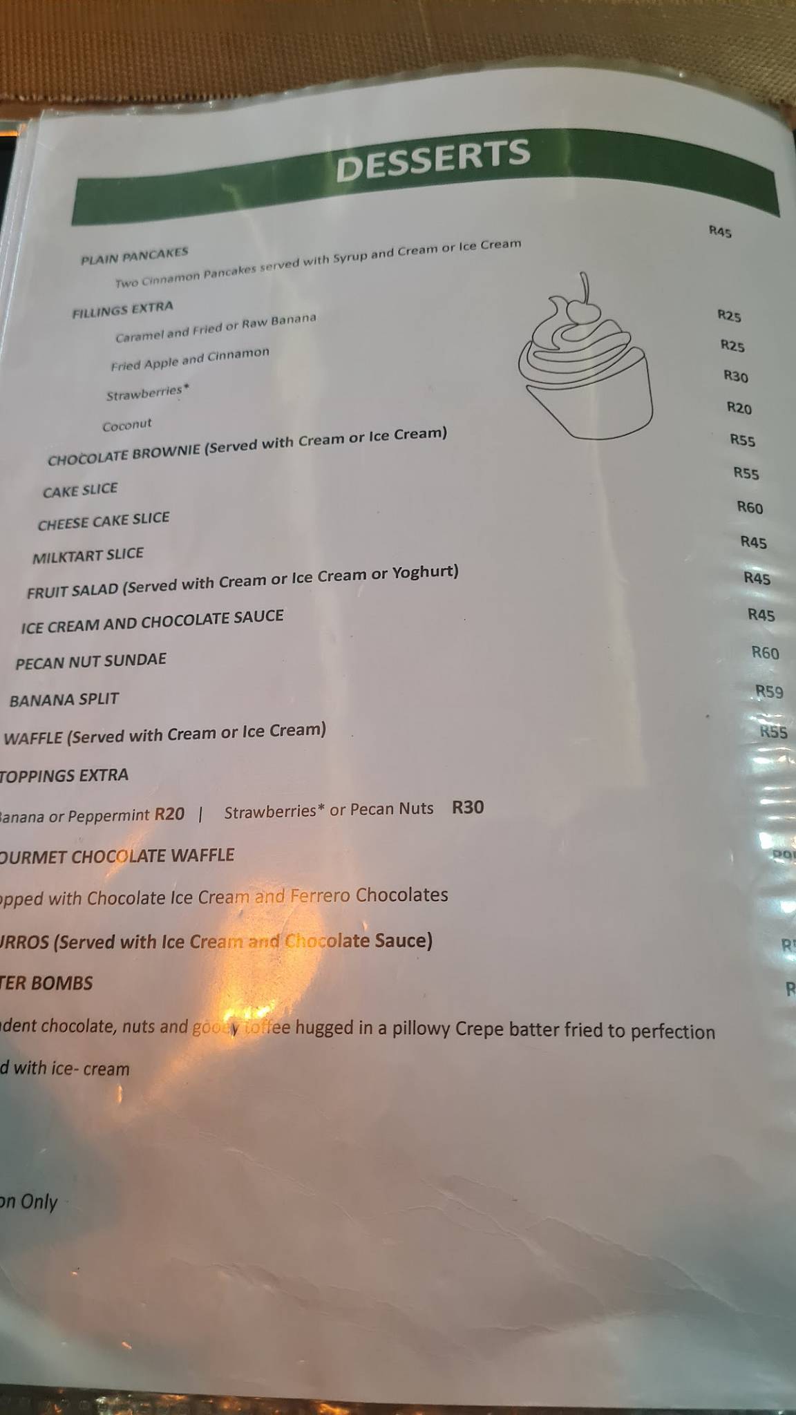 Menu at Tashreeqa's Restaurant, Cape Town