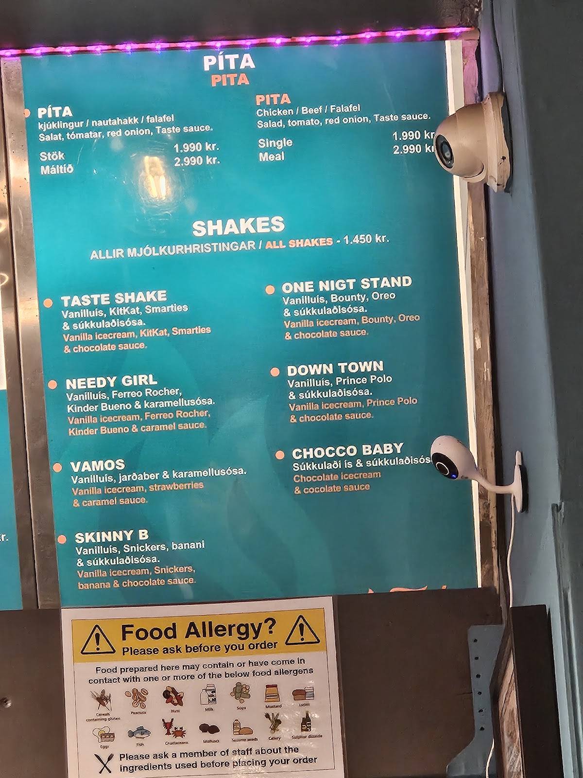 Menu at Taste restaurant, Akureyri