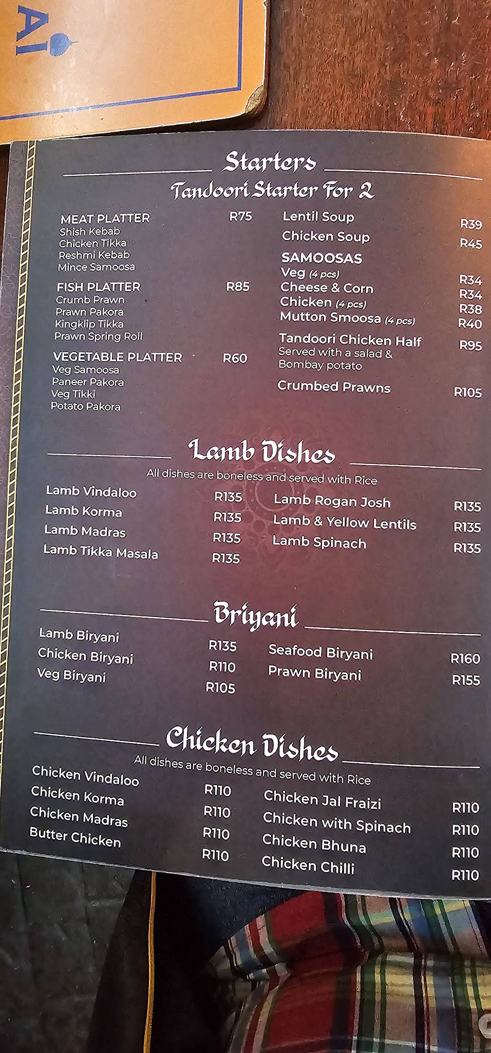 Menu at Taste of Mumbai restaurant, Kempton Park, Emperors Palace, Jones Rd