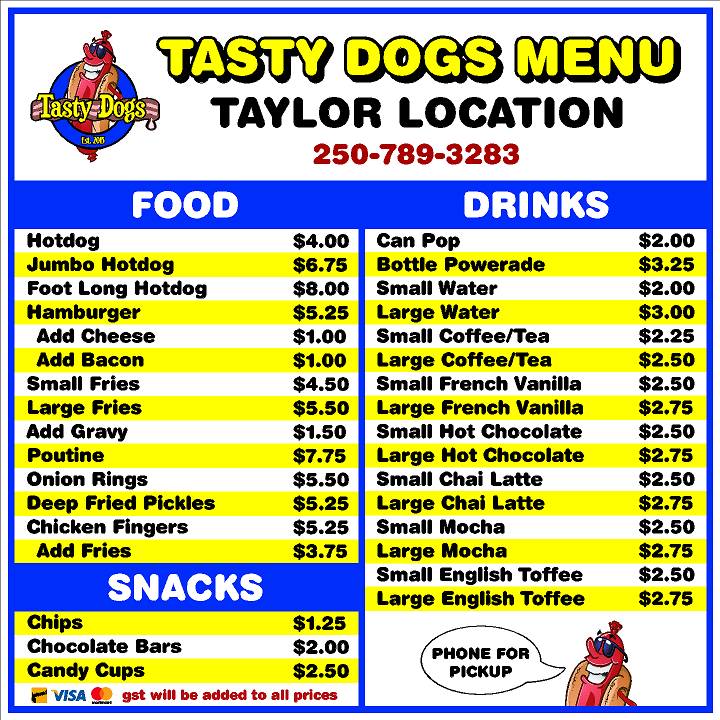 Menu at Tasty Dogs fast food, Fort Saint John