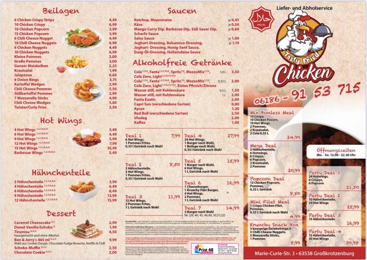 Speisekarte von Tasty Fried Chicken restaurant, Großkrotzenburg