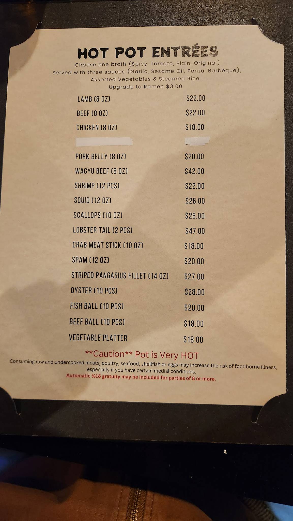 Menu at Tasty Hot Pot restaurant, Great Falls