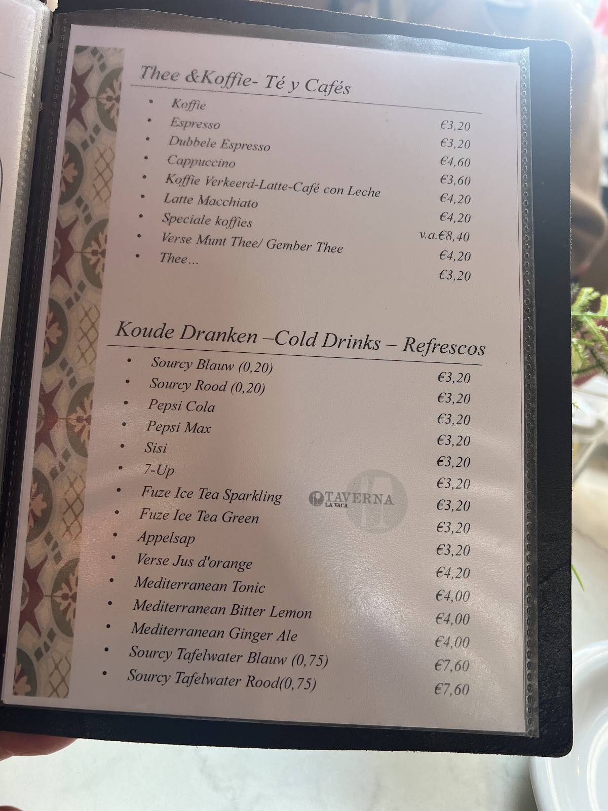 Menu at Taverna La Vaca, Maastricht