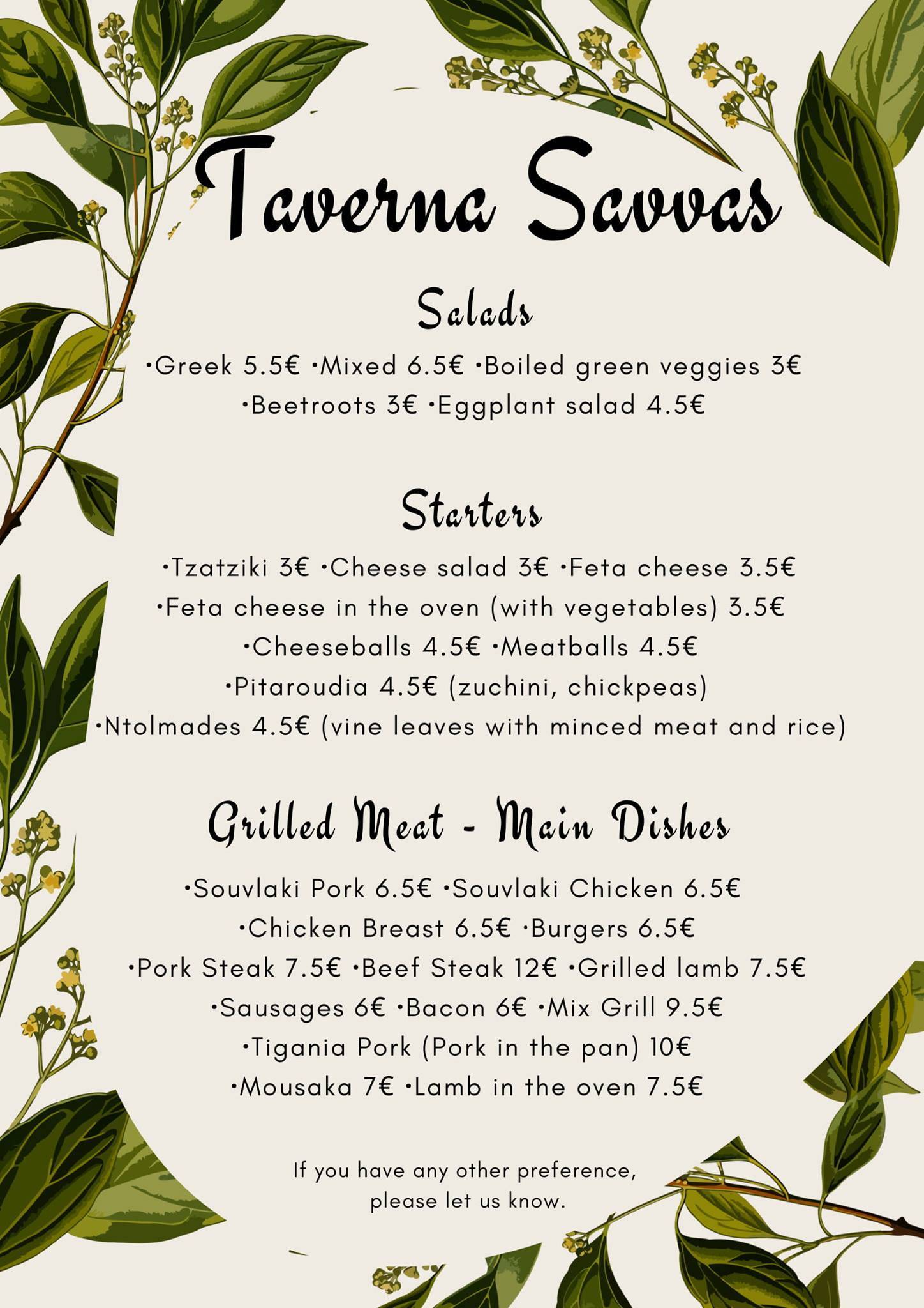 Menu at Taverna Savvas, Embonas