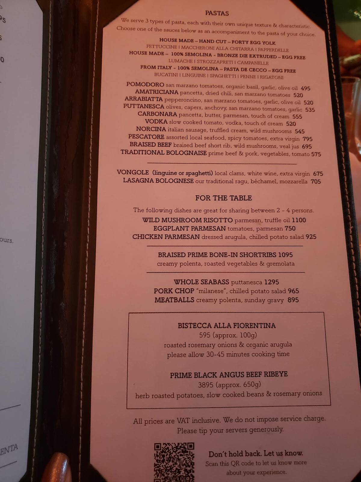 Menu at Tavolata restaurant, Cebu City, ayala center