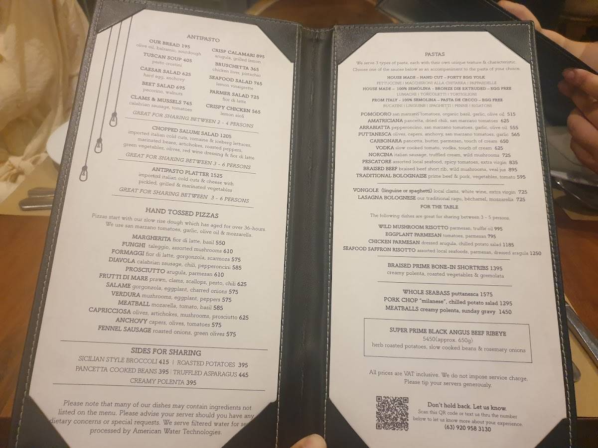 Menu at Tavolata restaurant, Cebu City, ayala center