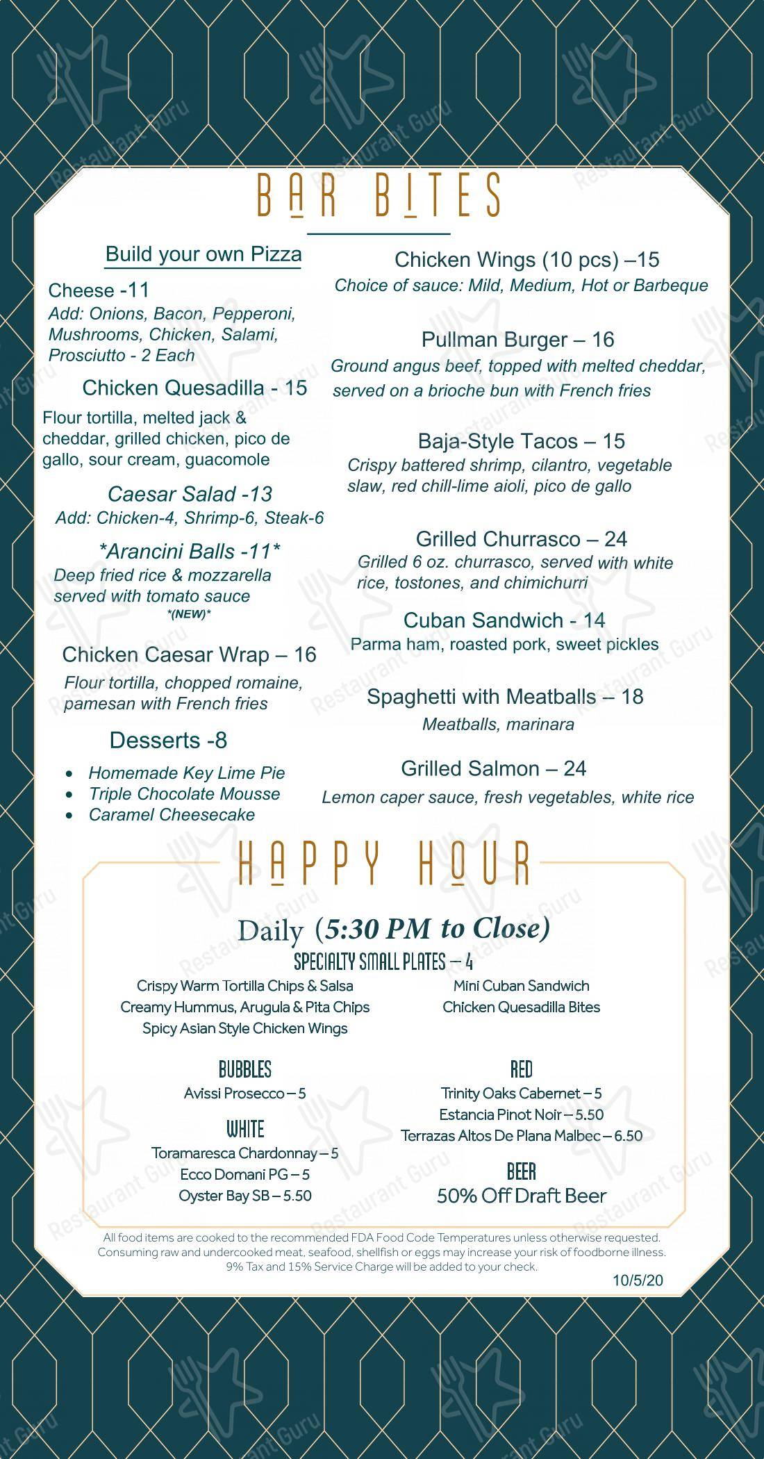 Menu at Tavolo at Pullman Miami Airport Hotel restaurant, Miami