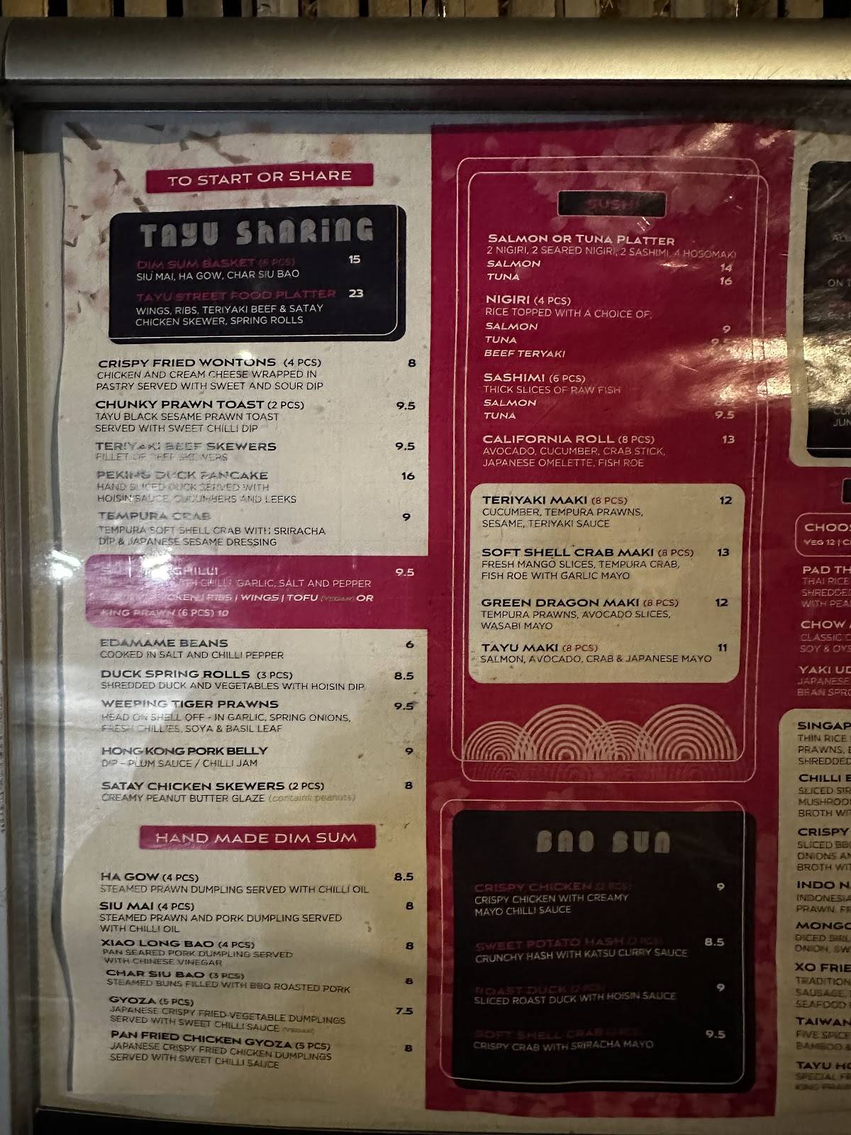 Menu at Tayu Pan Asian restaurant, Gateshead