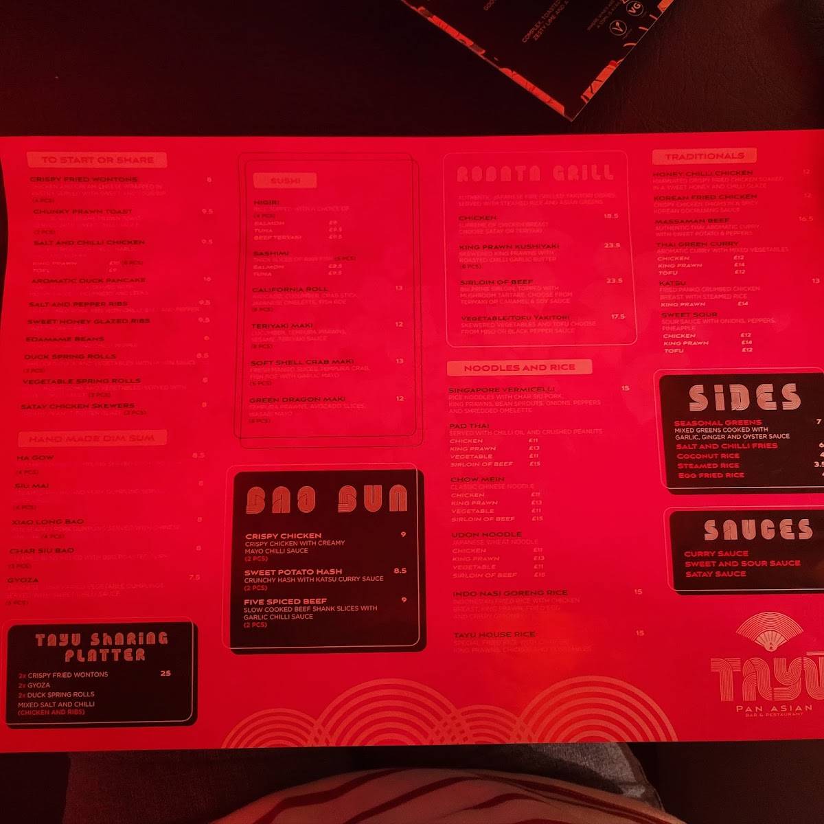 Menu at Tayu Pan Asian restaurant, Gateshead